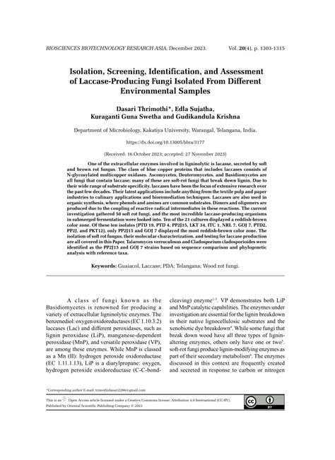 Pdf Isolation Screening Identification And Assessment Of Laccase