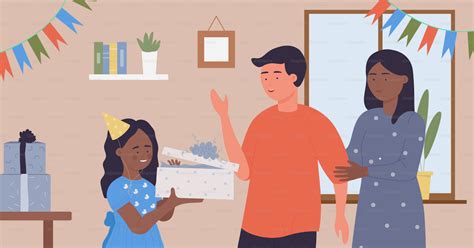 부모님은 어린이 생일 파티 벡터 일러스트레이션에서 소녀에게 선물 선물을 준다 행복한 가족의 만화 즐거운 날 축하 어머니 아버지 캐릭터는 집에서 딸 아이를 축하한다 벡터