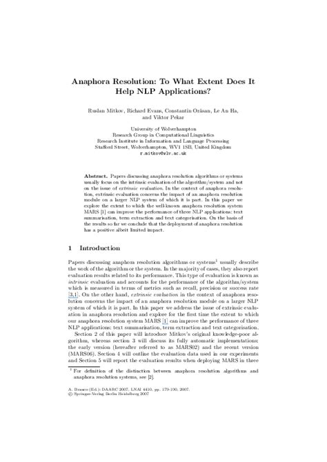 Pdf Anaphora Resolution To What Extent Does It Help Nlp Applications