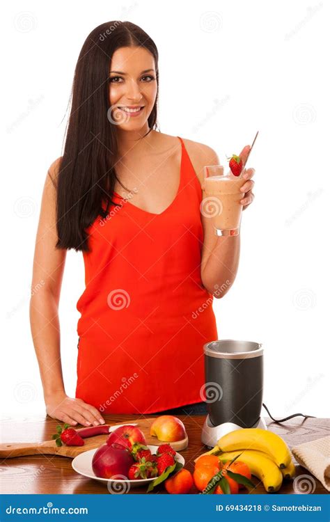 Woman Drinking Healthy Fresh Fruit Smoothie Decorated With Red S Stock