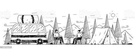 캠프장 핸드러그 일러스트레이션 캠핑 장과 텐트와 자연에서 휴식 부부의 만화 벡터 클립 예술 밴 나무 자연 환경 관광 캠프장의