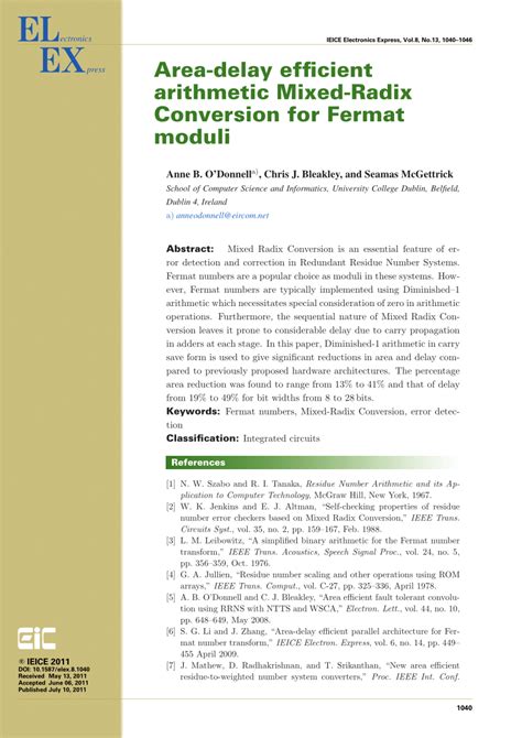 Pdf Area Delay Efficient Arithmetic Mixed Radix Conversion For Fermat