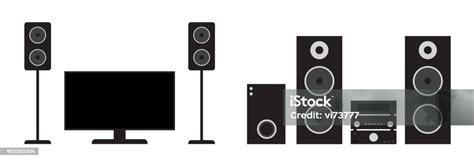평면 블랙 홈 시네마와 스테레오 시스템 설정 Tv 수신기 서브우퍼 스피커의 벡터 그림 스테레오에 대한 스톡 벡터 아트 및 기타