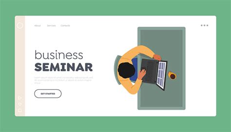 비즈니스 세미나 방문 페이지 템플릿입니다 남성 캐릭터는 태블릿과 커피 컵 탑 뷰가 있는 사무실 책상에 앉아 있다 태블릿에 대한 스톡 벡터 아트 및 기타 이미지 Istock