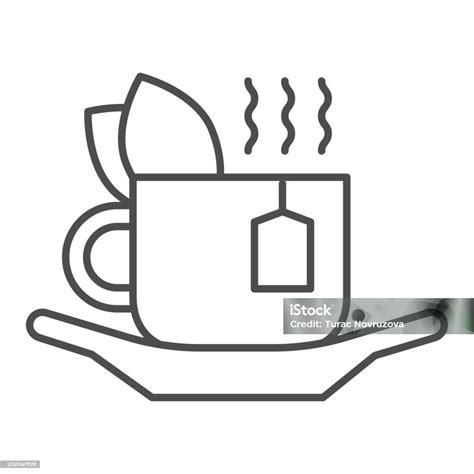 녹차 씬 라인 아이콘 한 잔 음료 컨셉 티백을 곁들인 차 한 잔 흰 배경에 신선한 잎 사인 접시 아이콘에 담긴 핫 드링크