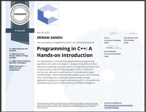 cpp techskills coursera linkedin coding sriram gandu