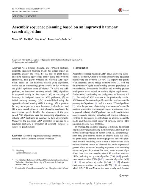 Assembly Sequence Planning Based On An Improved Harmony Search