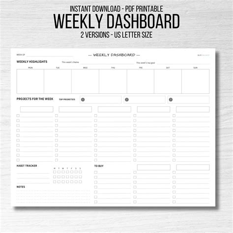 Weekly Dashboard Planner PDF Instant Download Etsy
