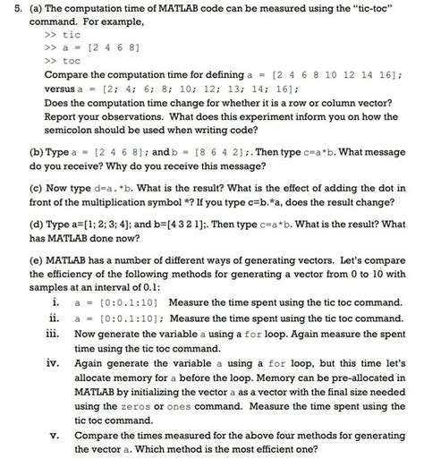 Solved 5 A The Computation Time Of Matlab Code Can Be