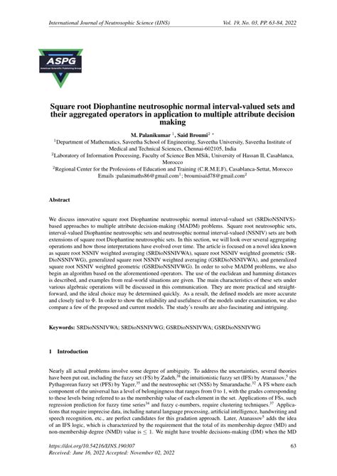 Pdf Square Root Diophantine Neutrosophic Normal Interval Valued Sets And Their Aggregated