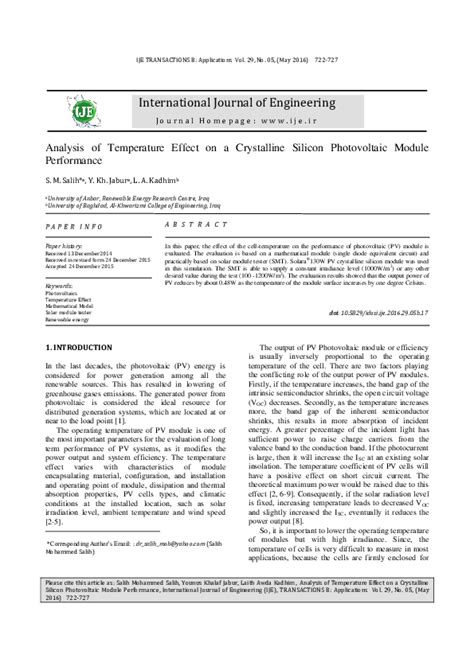 Pdf Analysis Of Temperature Effect On A Crystalline Silicon Photovoltaic Module Performance