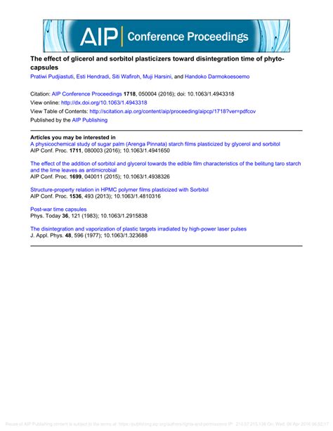 Pdf The Effect Of Glycerol And Sorbitol Plasticizer Toward Disintegration Time Of Phytocapsues