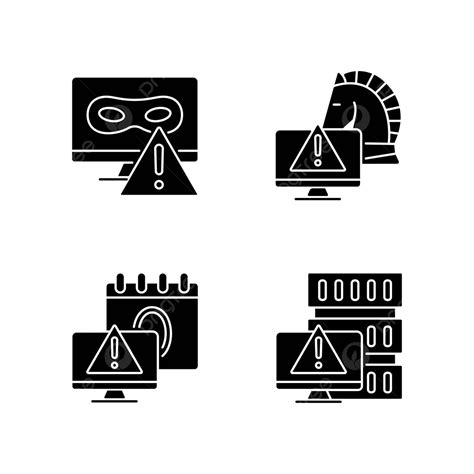 set of black icons depicting computer system attacks on a white