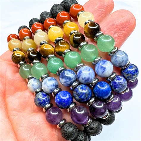 7 Chakra Lava Rock Smooth Round Stretch Bracelet Fimeness