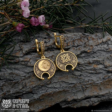 Серьги женские оберег Лунница звезда Лады серебро 925 и золочение 999 ...