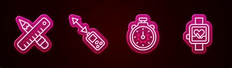 세트 라인 교차 눈금자와 연필 레이저 거리 측정기 스톱워치와 스마트 빛나는 네온 아이콘 벡터 0명에 대한 스톡 벡터 아트 및