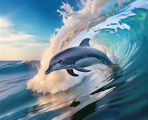 Dolphin With Rolling Crashing Ocean Wave With Delightful Sunny Day Stock Illustration