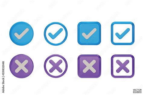 Set Of 3d Checkmark And X Mark Icon Set Blue And Purple Checkmark Right Symbol Tick Sign