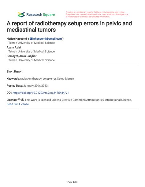 Pdf A Report Of Radiotherapy Setup Errors In Pelvic And Mediastinal Tumors
