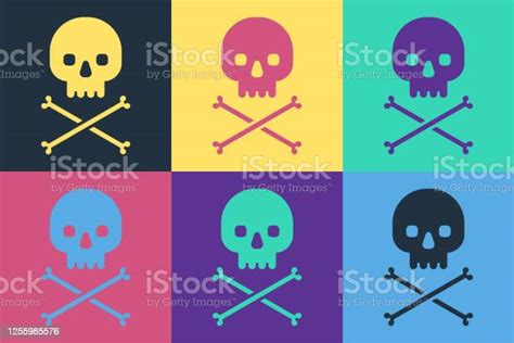 색상 배경에 격리 된 크로스 본 아이콘에 팝 아트 두개골 벡터 일러스트레이션 뼈에 대한 스톡 벡터 아트 및 기타 이미지 뼈 공포 무서움 섬뜩한 Istock
