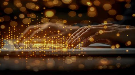 Typing Hands With Golden Sparkles And Glowing Bokeh Stock Illustration Illustration Of