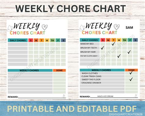 Editable Weekly Chore Chart Printable Pdf Weekly Printable Etsy