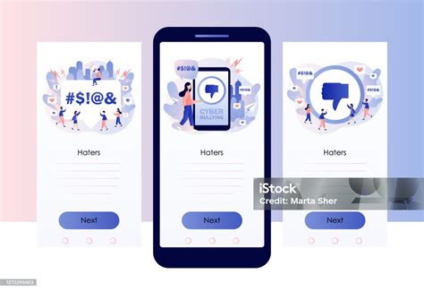 온라인 증오 사이버 괴롭힘 왕따 트롤링 및 증오 발언 작은 사람들은 싫어하고 부정적인 의견을 씁니다 모바일 스마트 폰화면 템플릿입니다 현대 플랫 만화 스타일 벡터 Brand