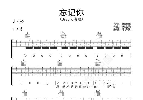 忘记你吉他谱 Beyond 进阶A大调爵士 弹唱谱 吉他谱中国