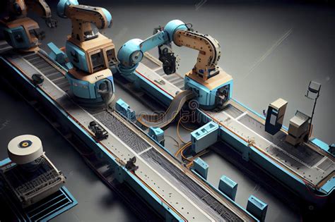 3d Rendering Robotic Machines With Conveyor Line Stock Illustration Illustration Of Auto