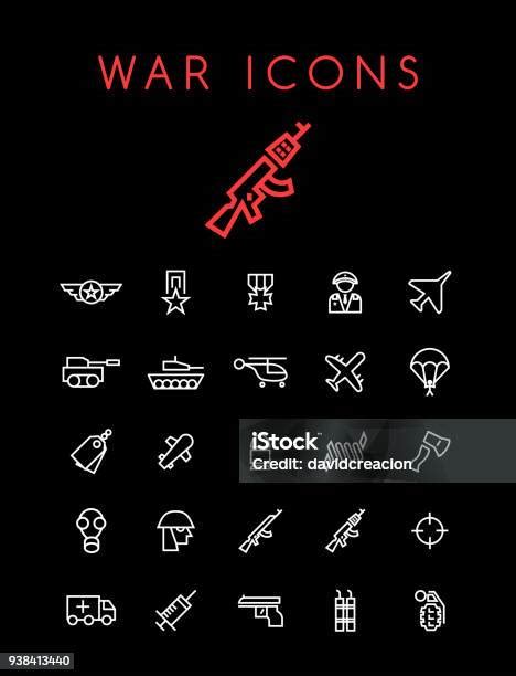 검은 배경에 품질 보편적인 표준 최소한의 간단한 하얀 얇은 선 전쟁 아이콘 세트 구급차에 대한 스톡 벡터 아트 및 기타 이미지 구급차 국방 목표 군사 Istock