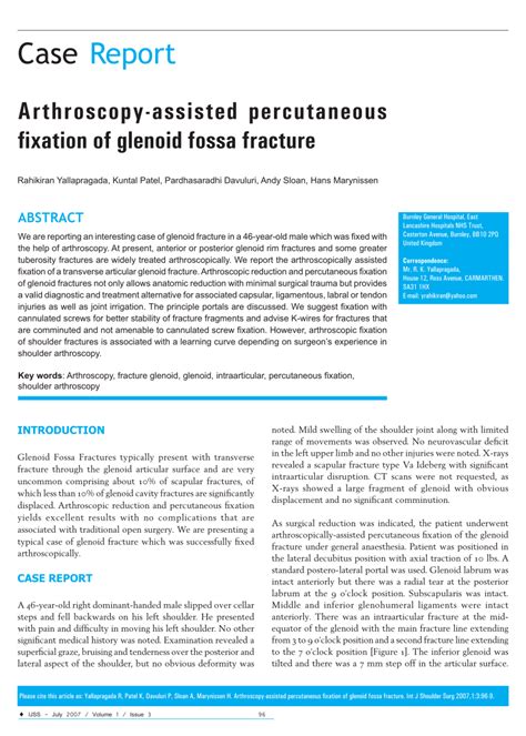 Pdf Arthroscopy Assisted Percutaneous Fixation Of Glenoid Fossa Fracture