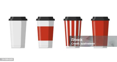커피 모카 라떼 또는 검은 뚜껑이있는 카푸치노를 위해 설정된 일회용 종이 음료 컵 템플릿 빈 흰색 큰 빨간색 줄무늬 골판지 청량 음료 포장 컬렉션 벡터 플랫 일러스트