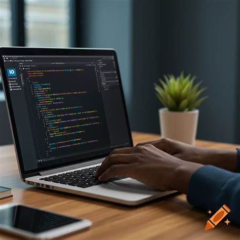 person coding on laptop with portrait on wall in background on craiyon