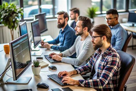 group of dedicated programmers coding on computers collaborating in a