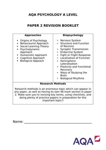 Aqa Psychology Revision Booklets For Each Paper Teaching Resources