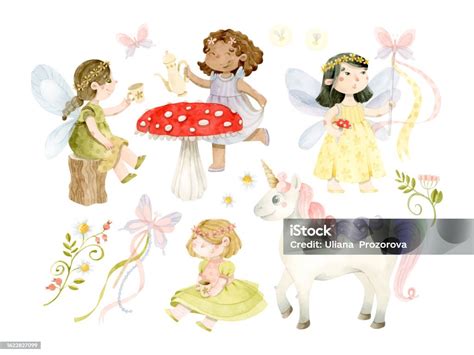 유니콘 나비 지팡이 꽃 가지를 들고 있는 티 파티의 수채화 요정 요정 가공의 인물에 대한 스톡 벡터 아트 및 기타 이미지