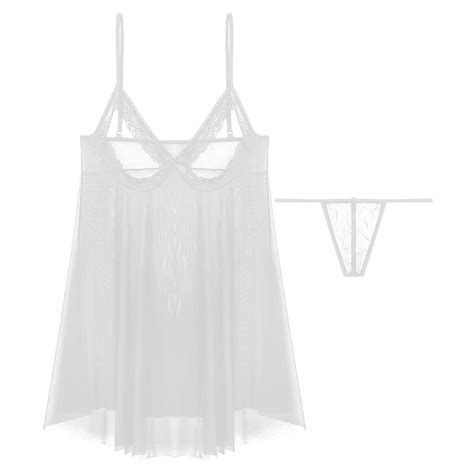 Women Open Bust Lingerie Dress With G String Lace See Through Nightwear