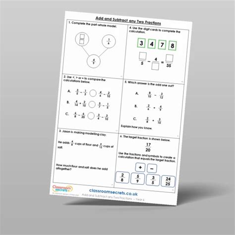 Year 6 Add And Subtract Any Two Fractions Supporting Activity Resource Classroom Secrets
