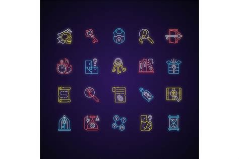 Escape Room Neon Light Icons Set Masterbundles