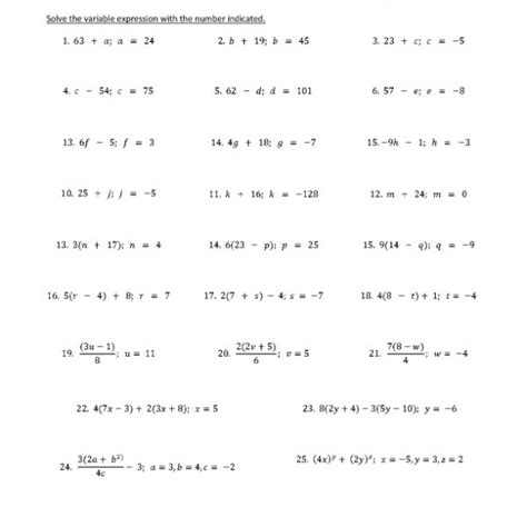 evaluating variable expressions worksheets