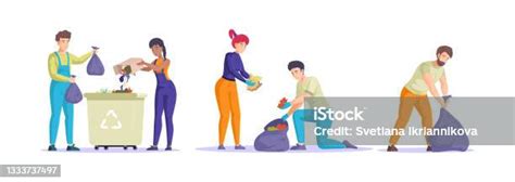 다양한 사람들이 쓰레기를 정리하는 수집 폐기물에서 청소하는 남자 여자 및 어린이 자원 봉사자 가방에 대한 스톡 벡터 아트 및