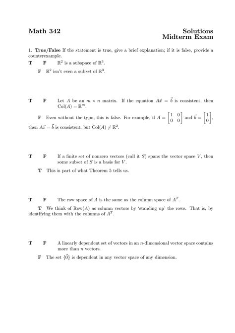 Solutions Midterm Exam Elementary Linear Algebra Math 342 Docsity