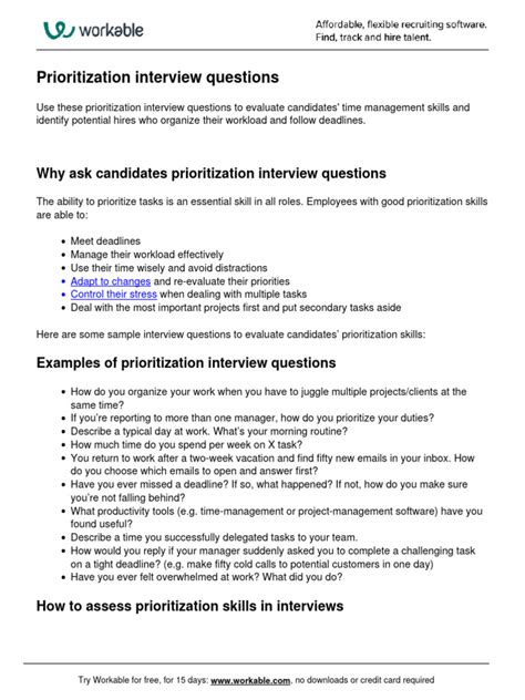 Prioritization Interview Questions Pdf Time Management Professional Skills
