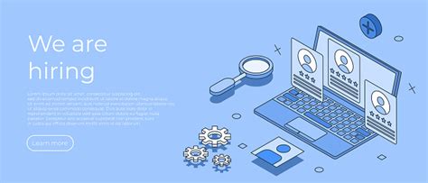 우리는 개념을 고용하고 있습니다 검색 담당자를 모집합니다 아이소메트릭 벡터 일러스트레이션의 비즈니스 Hr 개념 인적 자원 관리자는 직원 또는 근로자를 고용합니다 벡터 그림