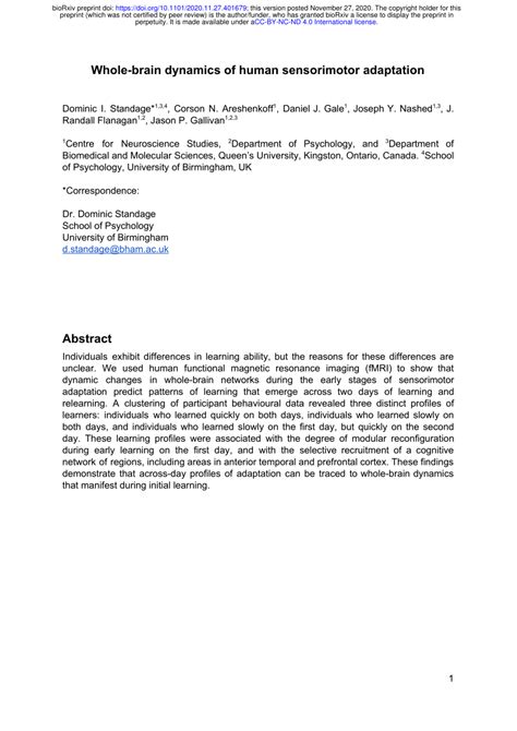 Pdf Whole Brain Dynamics Of Human Sensorimotor Adaptation