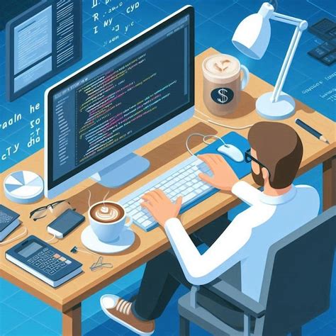 Isometric Web Developer Working With Coffee Premium Ai Generated Image