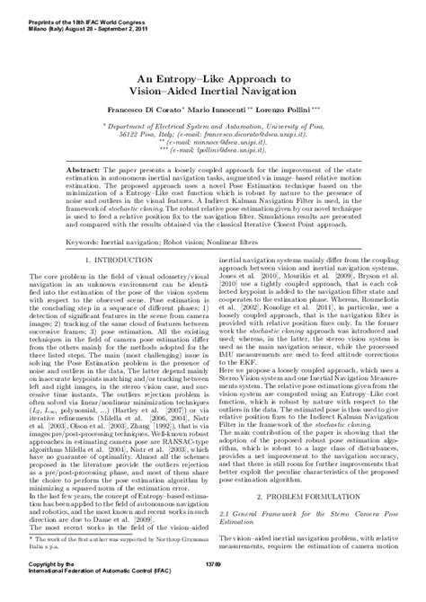 Pdf An Entropy Like Approach To Vision Aided Inertial Navigation