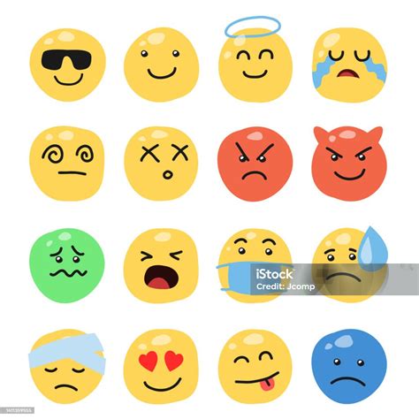 대화방의 채팅에서 감정을 표현하기위한 다양한 이모티콘 얼굴 삽화와 아이콘 귀여운에 대한 스톡 벡터 아트 및 기타 이미지 귀여운 긍정적인 감정 표현 노랑 Istock