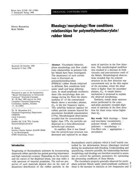 Pdf Rheologymorphologyflow Conditions Relationships For Polymethyl Methacrylaterubber Blend