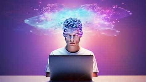 Person At A Desk With A Laptop And Dynamic Neural Network Visualization Concept Of Braincomputer